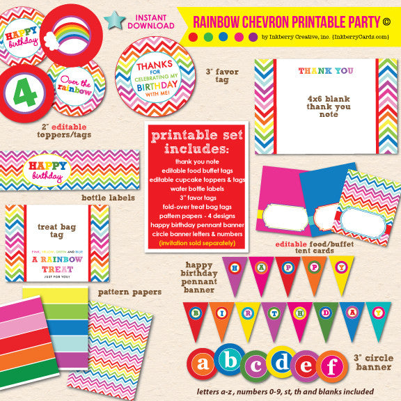 Rainbow Chevron Birthday - DIY Printable Party Pack – Inkberry Creative
