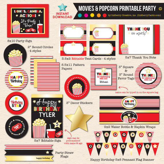 Movies & Popcorn Birthday Party - DIY Printable Party Pack – Inkberry ...