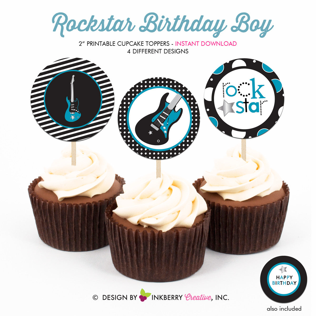 Rockstar Birthday (Blue) - Printable Cupcake Toppers - Instant Downloa ...