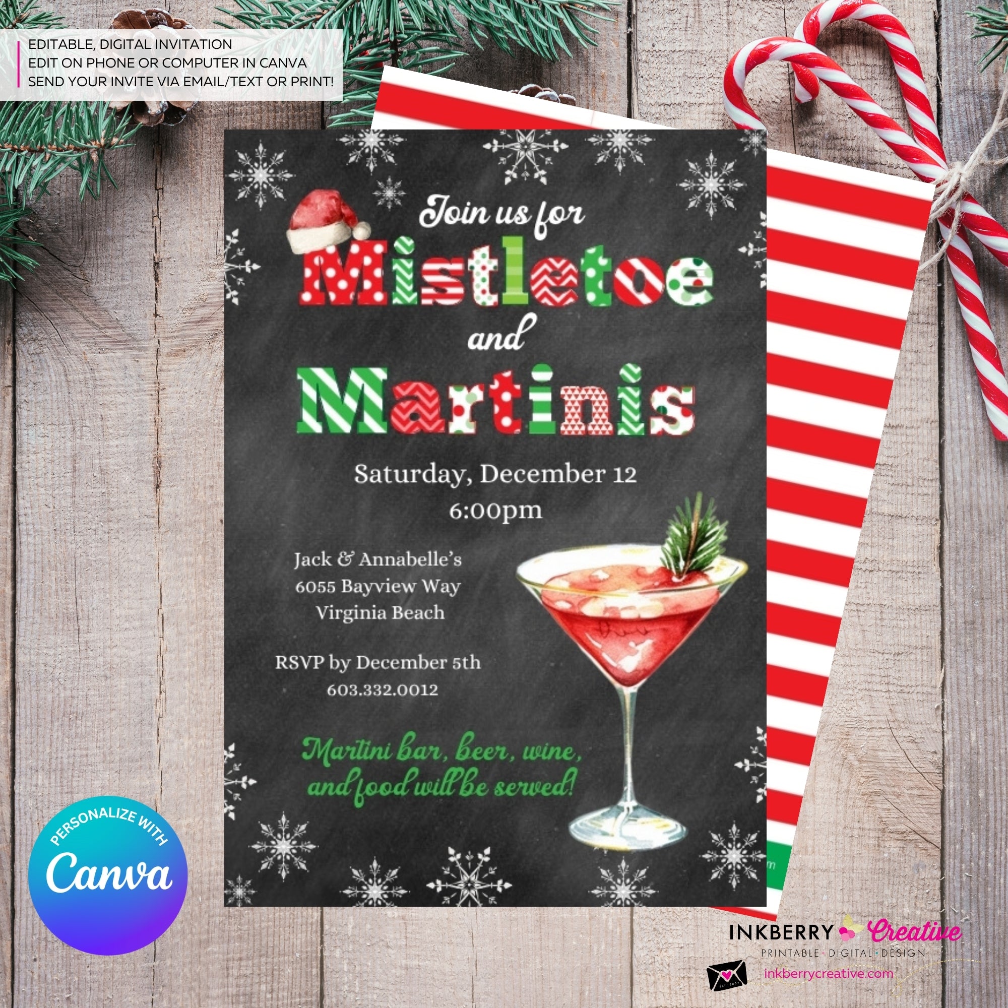Mistletoe and Martinis Christmas Party Invitation - Editable in Canva ...