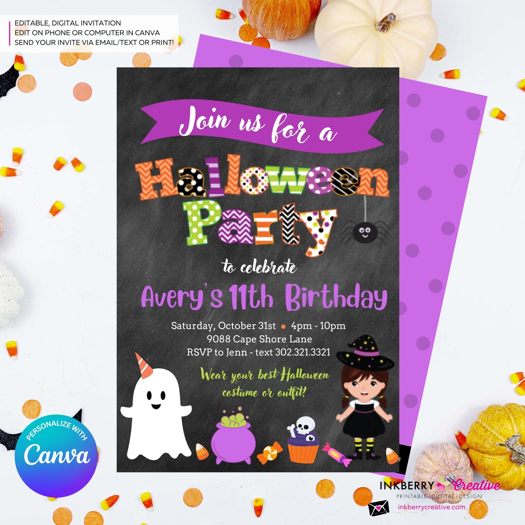 Cute Colorful Halloween Party Invitation - Chalkboard - Editable in Ca ...