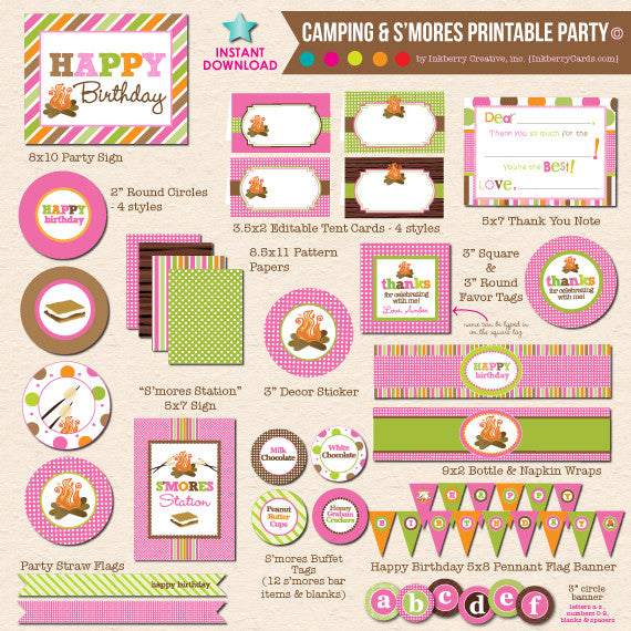 Girl's Camping & S'mores Birthday - DIY Printable Party Pack – Inkberry ...