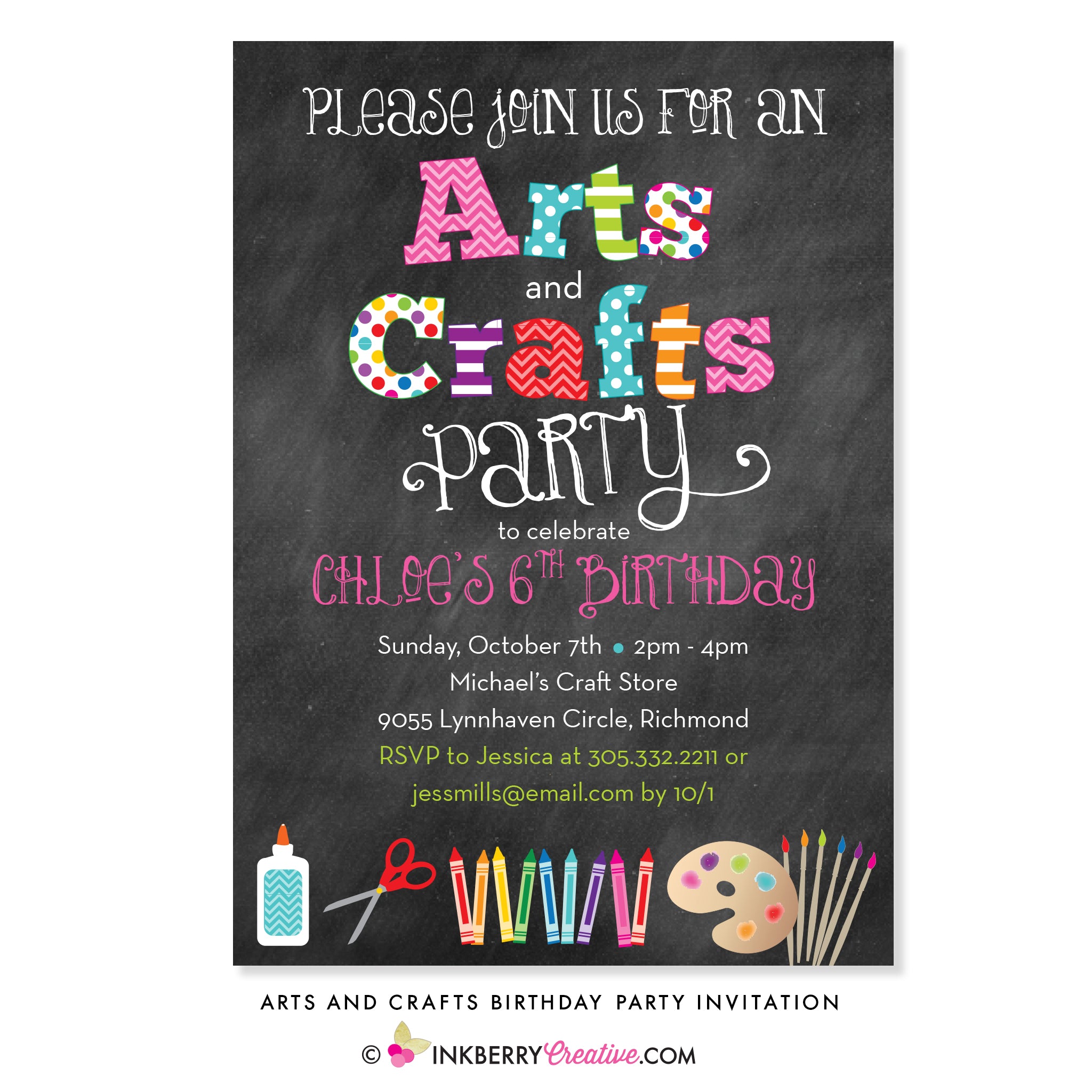 Arts and Crafts Birthday Party Invitation - Chalkboard Style – Inkberry ...