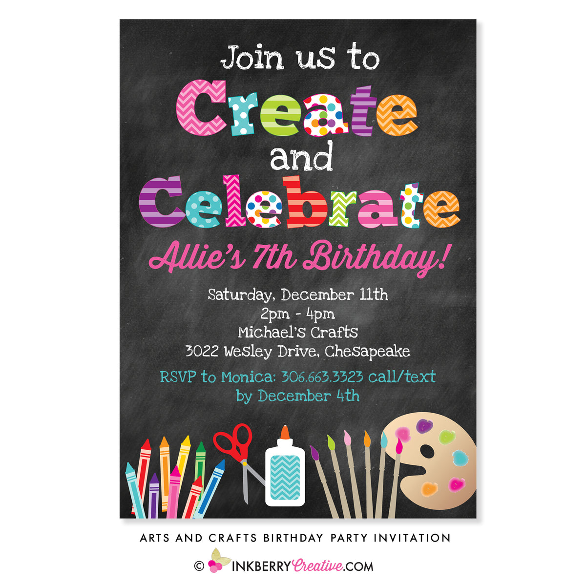 Create and Celebrate - Arts and Crafts Birthday Party Invitation - Cha ...