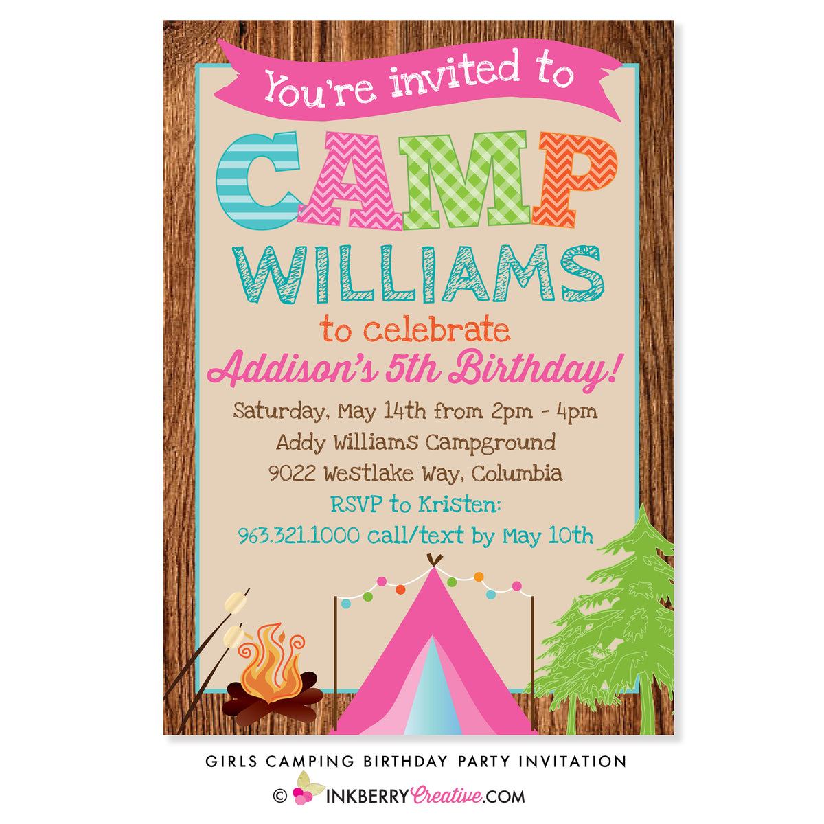 Girls Camping Birthday Party Invitation – Inkberry Creative
