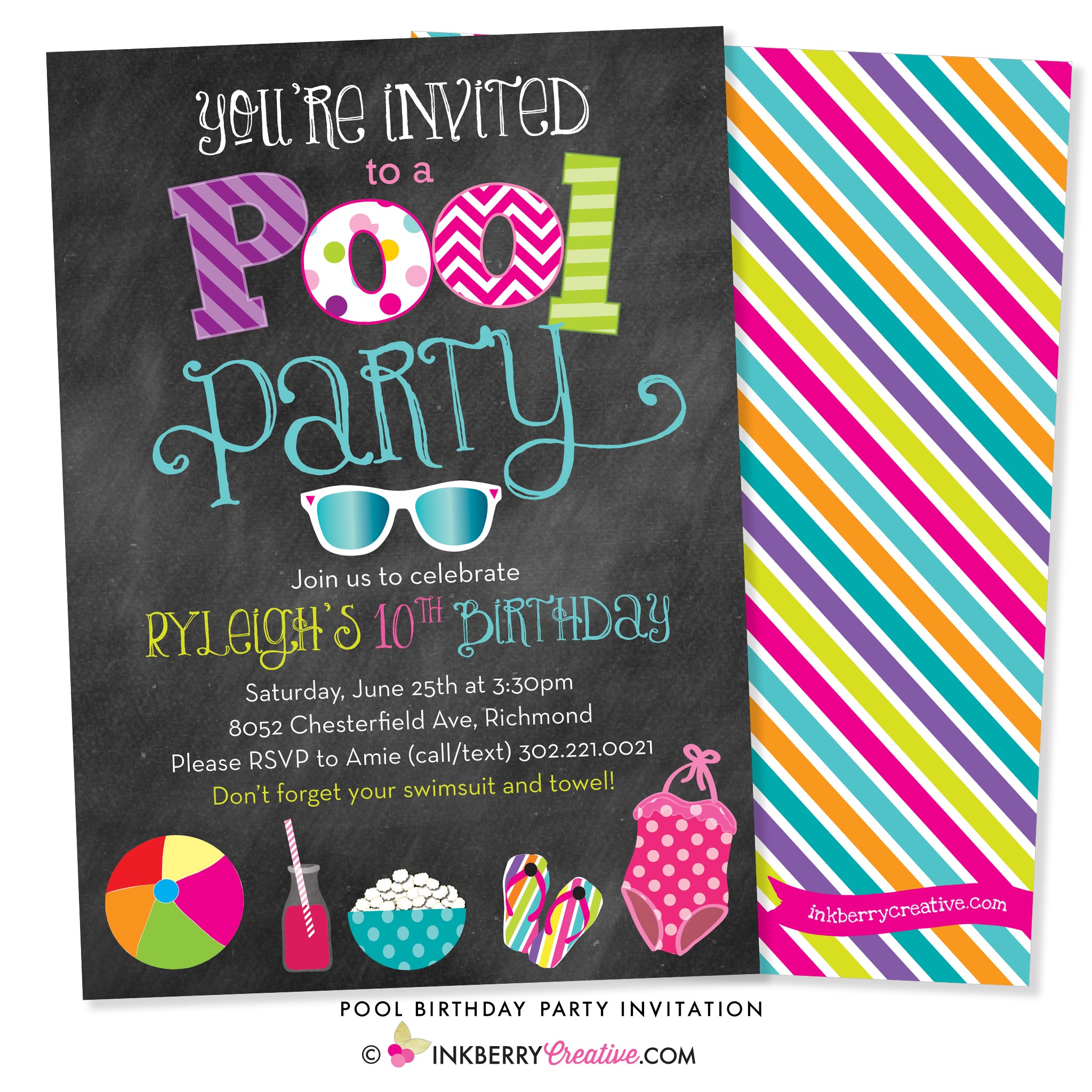 Pool Swimming Birthday Party Invitation - Chalkboard Style – Inkberry ...