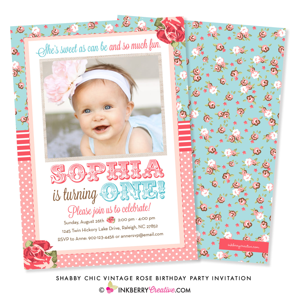 Shabby Chic Vintage Rose Birthday Party Invitation (with Photo ...