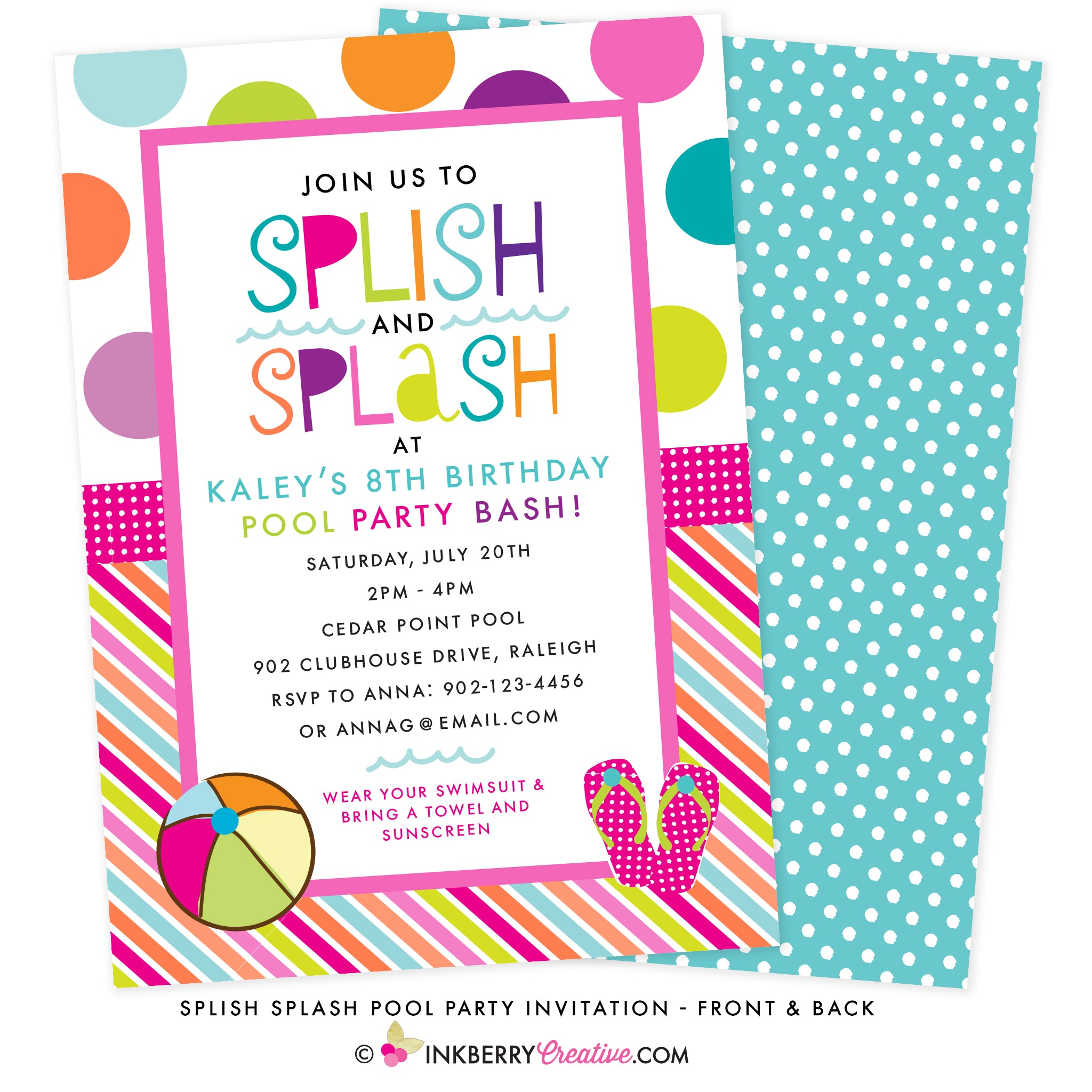 Color Splash Pool Party Invitation (Pink & Aqua) – Inkberry Creative