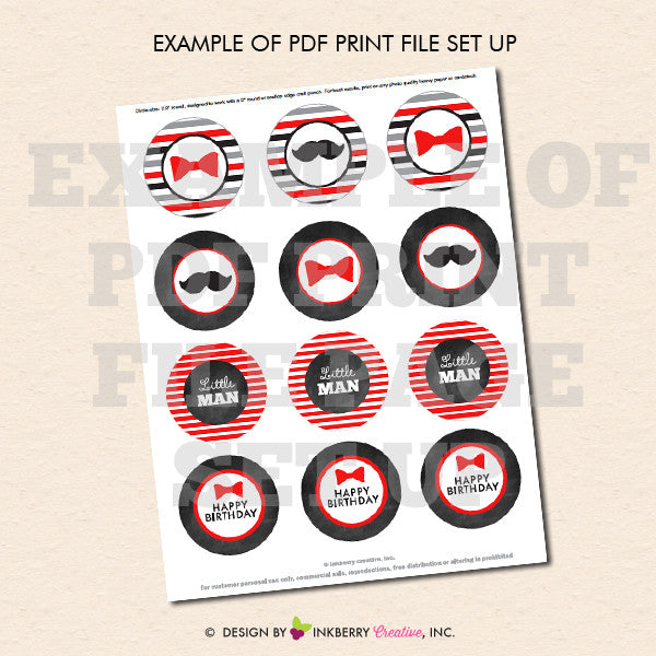 Little Man Bow Tie Birthday (Red) - Printable Cupcake Toppers - Instan ...