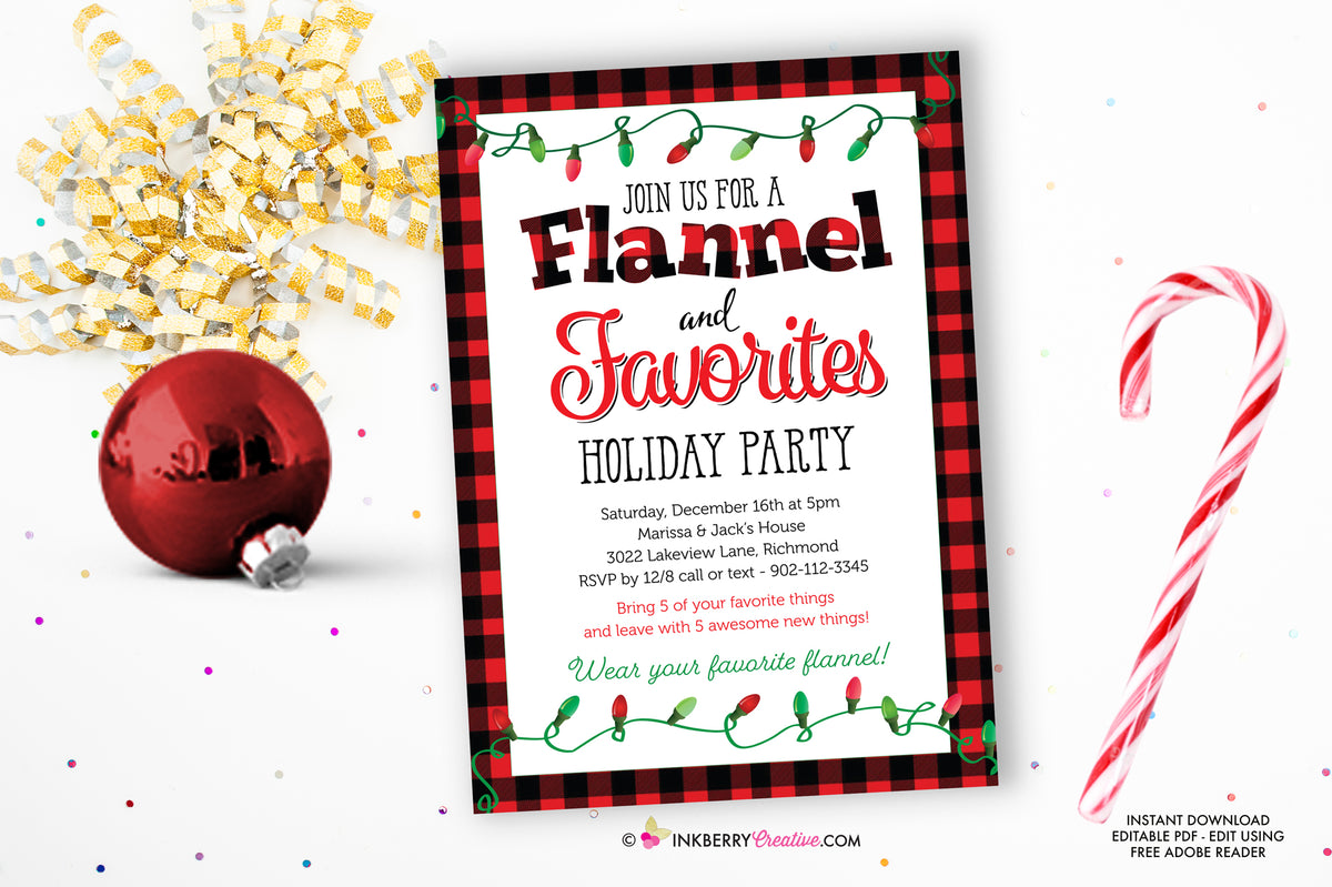 Christmas Flannel and Favorites Party Invitation, Red Black Plaid Chec ...