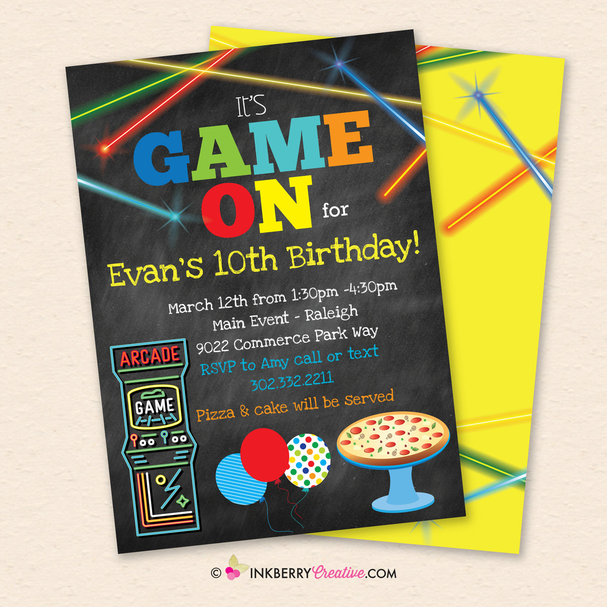 Game On - Arcade Games and Pizza Birthday Party Invitation - Printable ...