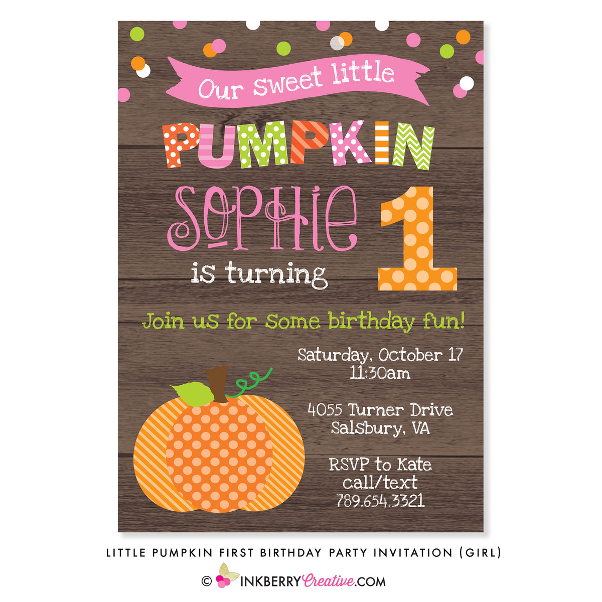 Little Pumpkin Girl First Birthday Party Invitation (Wood) – Inkberry ...